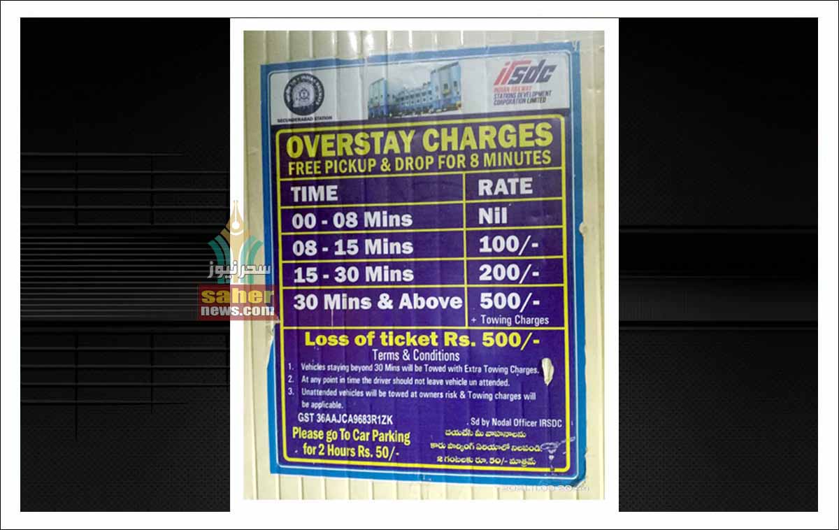 سکندرآباد ریلوےاسٹیشن میں 31 منٹ کار پارکنگ کی فیس 500 روپئے،ریاستی ...